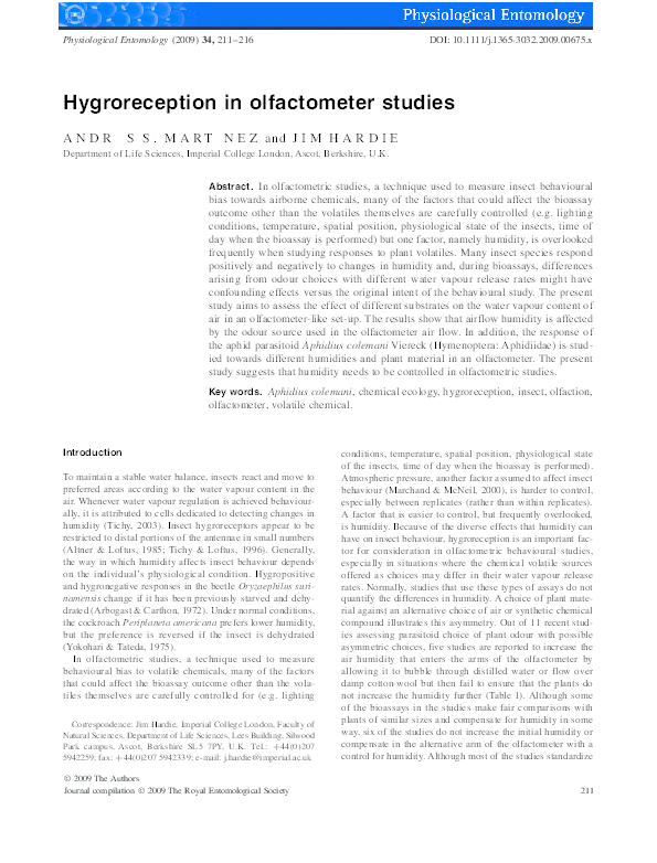 (PDF) Hygroreception in olfactometer studies
