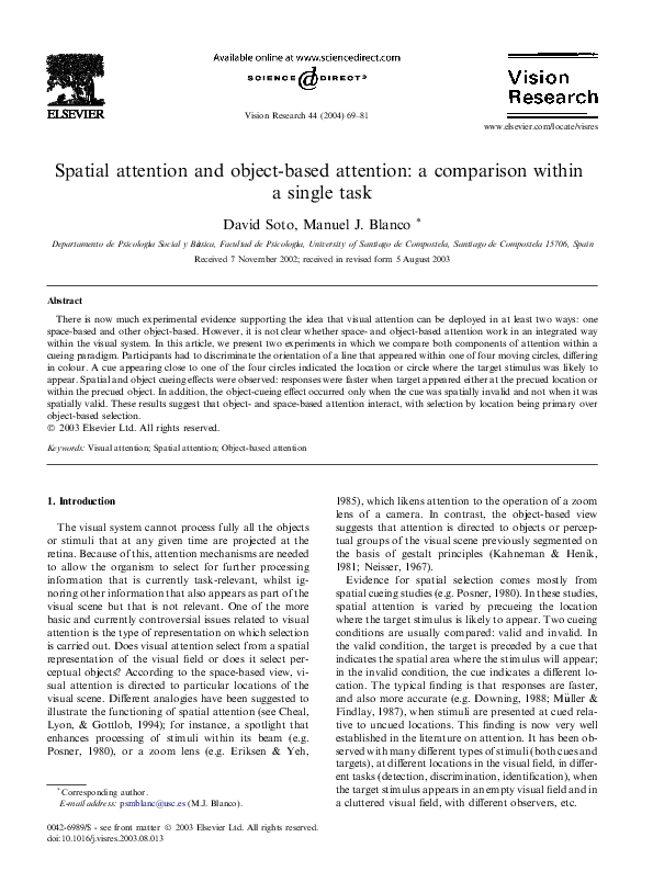 Pdf Spatial Attention And Object Based Attention A Comparison Within A Single Task