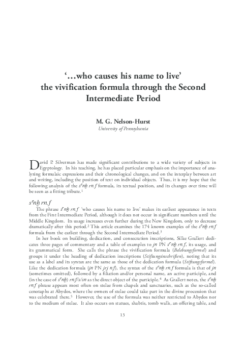 (PDF) '…who causes his name to live': the Vivification Formula through ...
