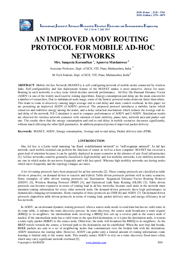 Pdf Copyright To Ijareeie An Improved Aodv Routing Protocol For Mobile Ad Hoc Networks