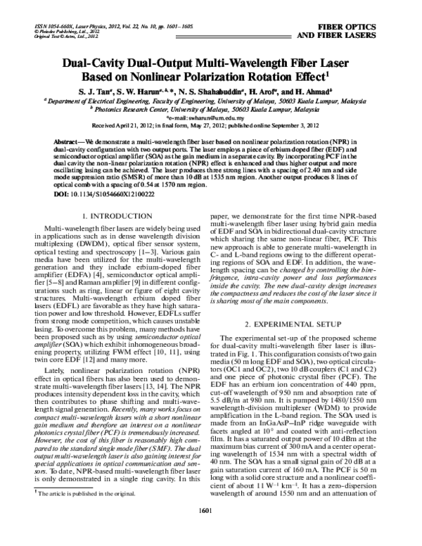 Pdf Dual Cavity Dual Output Multi Wavelength Fiber Laser Based On Nonlinear Polarization