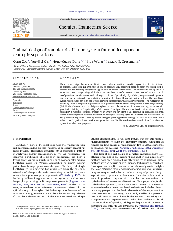 (PDF) Optimal design of complex distillation system for multicomponent zeotropic separations