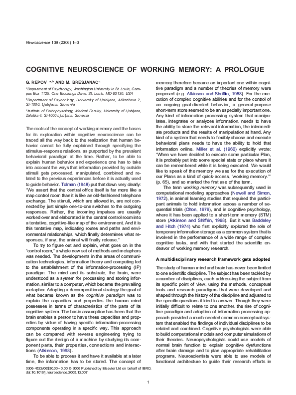 (PDF) Cognitive neuroscience of working memory: A prologue