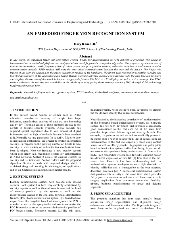 (PDF) AN EMBEDDED FINGER VEIN RECOGNITION SYSTEM