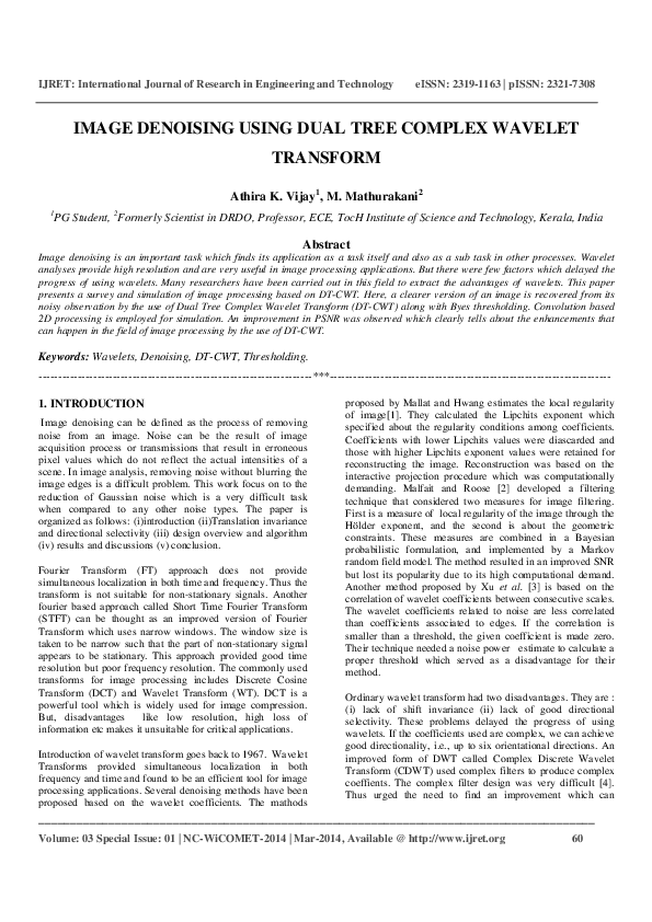 Pdf Image Denoising Using Dual Tree Complex Wavelet