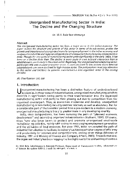 (PDF) Unorganized Manufacturing Sector in India: The Decline and the ...