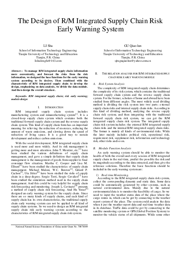 (PDF) The Design of RM Integrated Supply Chain Risk Early Warning System