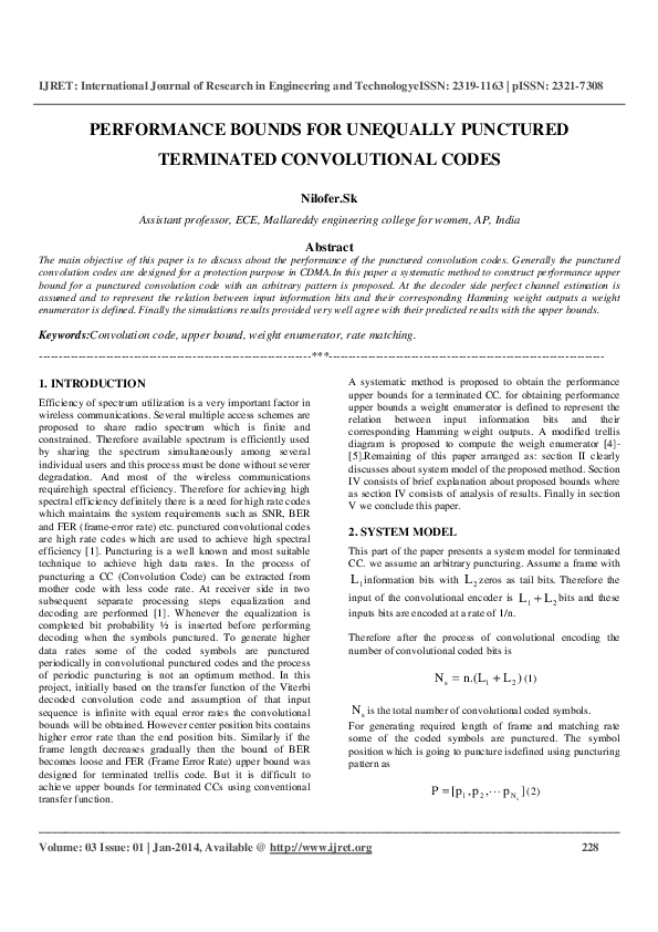 (PDF) PERFORMANCE BOUNDS FOR UNEQUALLY PUNCTURED TERMINATED CONVOLUTIONAL CODES