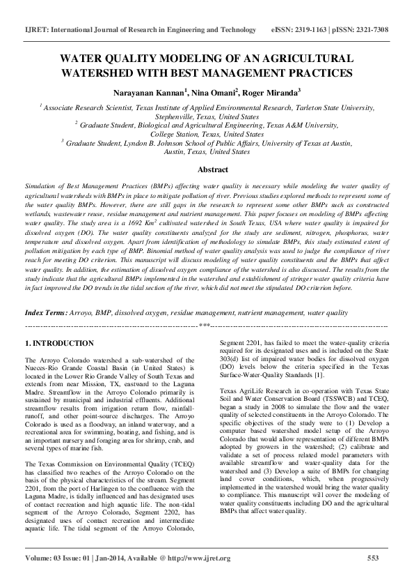(PDF) WATER QUALITY MODELING OF AN AGRICULTURAL WATERSHED WITH BEST ...