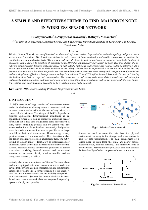 Pdf A Simple And Effective Scheme To Find Malicious Node In Wireless Sensor Network