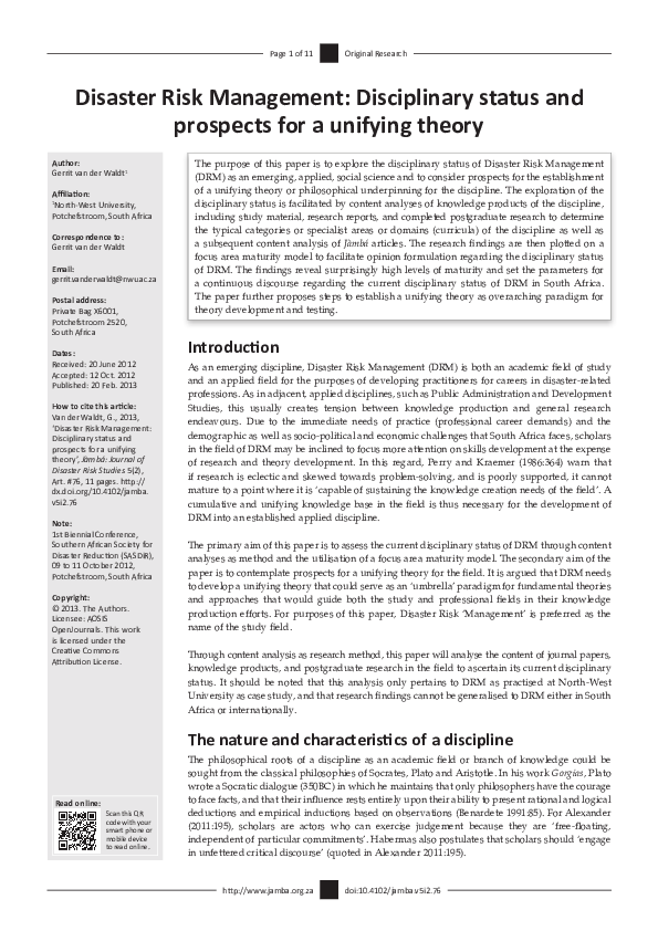 (PDF) Disaster Risk Management: Disciplinary status and prospects for a ...