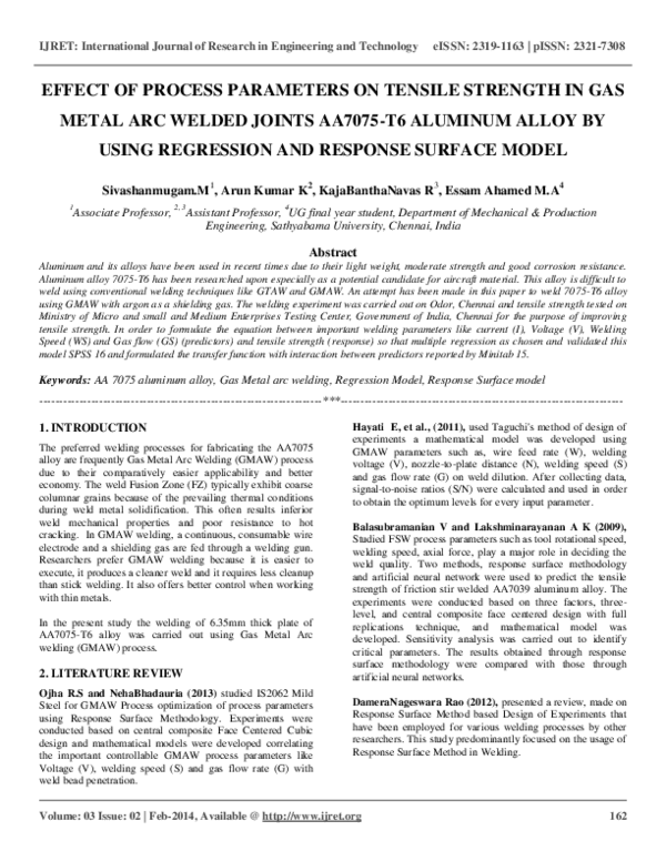 (PDF) EFFECT OF PROCESS PARAMETERS ON TENSILE STRENGTH IN GAS METAL ARC WELDED JOINTS AA7075-T6 ...