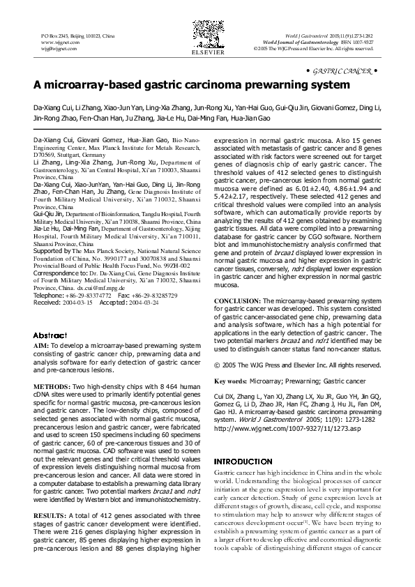 (PDF) A microarray-based gastric carcinoma prewarning system