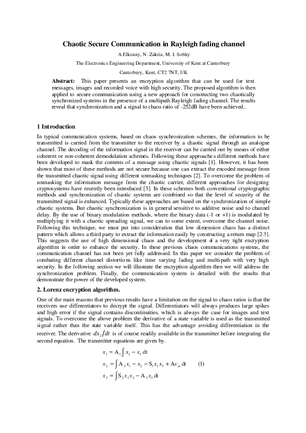 (PDF) Chaotic Secure Communication in Rayleigh fading channel