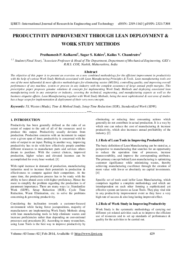 (PDF) PRODUCTIVITY IMPROVEMENT THROUGH LEAN DEPLOYMENT & WORK STUDY METHODS