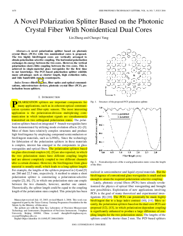 (PDF) A Novel Polarization Splitter Based on the Photonic Crystal Fiber With Nonidentical Dual Cores