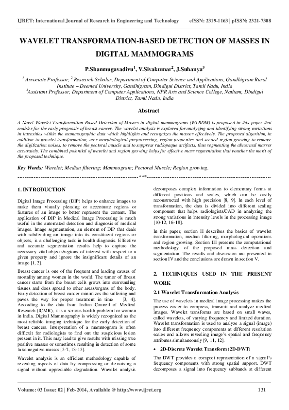 (PDF) WAVELET TRANSFORMATION-BASED DETECTION OF MASSES IN DIGITAL MAMMOGRAMS