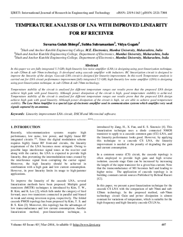 Pdf Temperature Analysis Of Lna With Improved Linearity For Rf Receiver