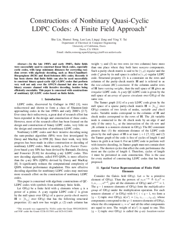 Pdf Constructions Of Nonbinary Quasi Cyclic Ldpc Codes A Finite Field Approach