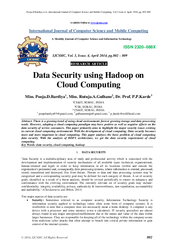 (PDF) Data Security using Hadoop on Cloud Computing