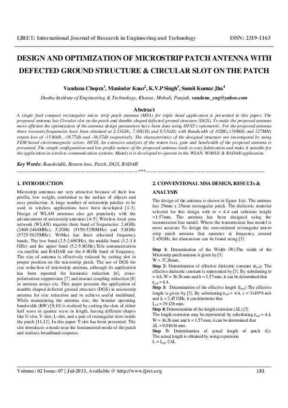 Pdf Design And Optimization Of Microstrip Patch Antenna With Defected Ground Structure