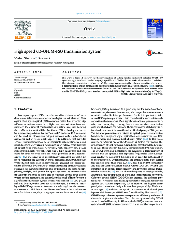 Pdf Coherent Detection In High Speed Ofdm Fso