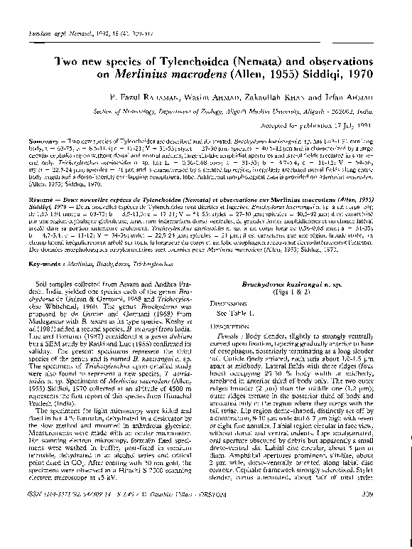 (PDF) Two new species of Tylenchoidea (Nemata) and observations on ...