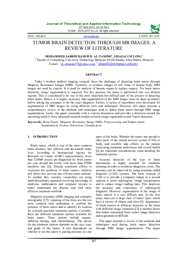 Pdf Tumor Brain Detection Through Mr Images A Review Of Literature