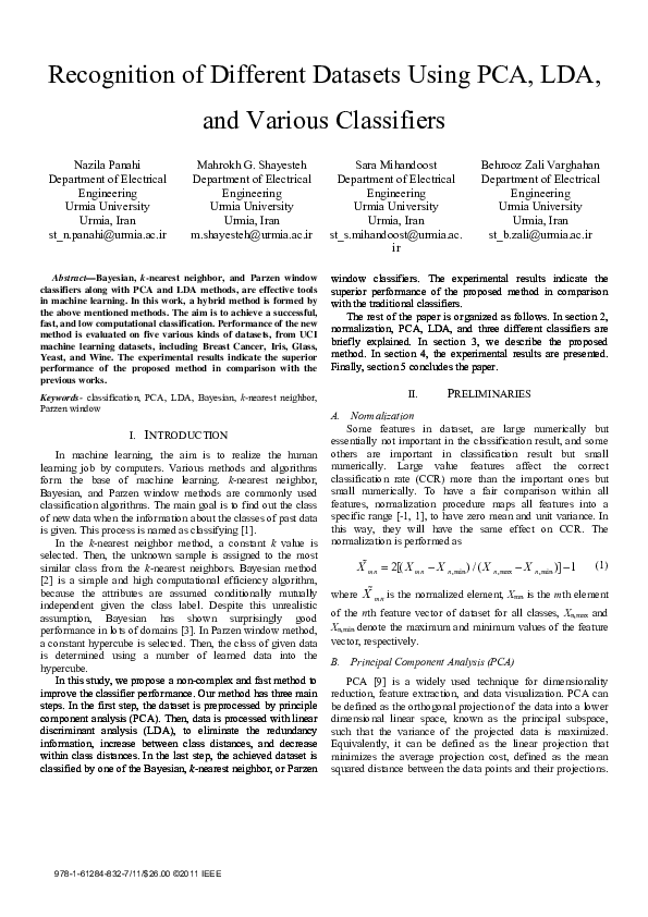 Pdf Recognition Of Different Datasets Using Pca Lda And Various