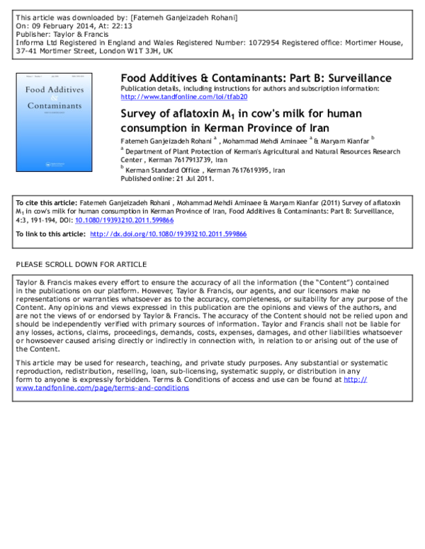 Pdf Survey Of Aflatoxin M1 In Cows Milk For Human
