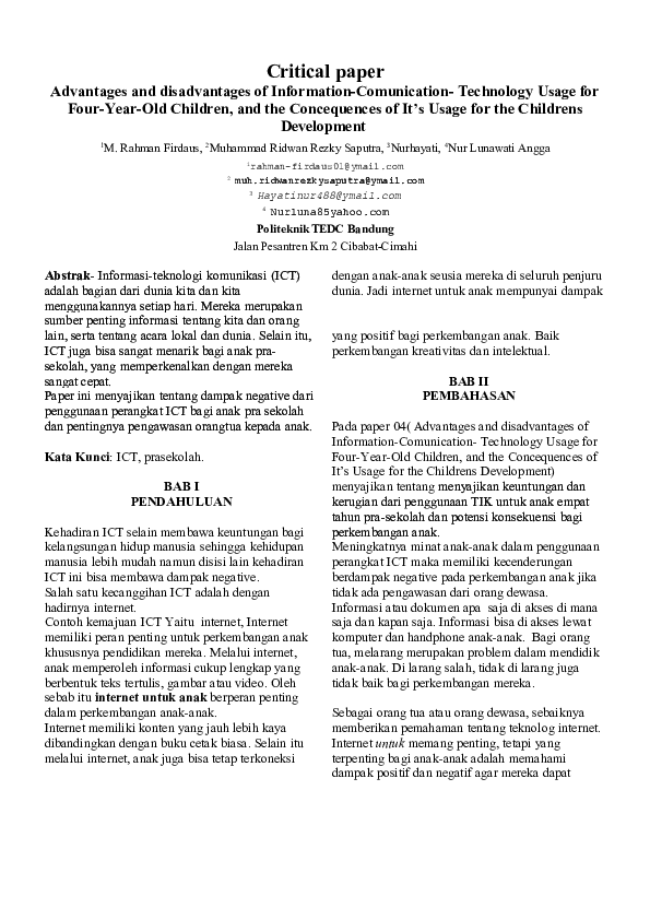 (DOC) Critical paper Advantages and disadvantages of Information ...