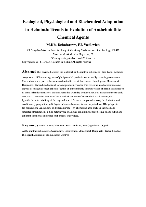 (DOC) Ecological, Physiological and Biochemical Adaptation in Helminth ...