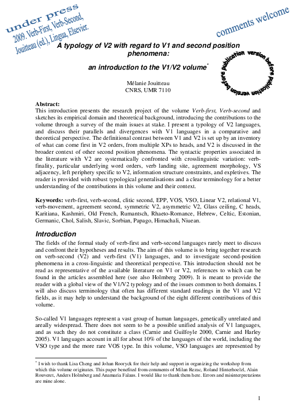 (PDF) A typology of V2 with regard to V1 and second position phenomena ...