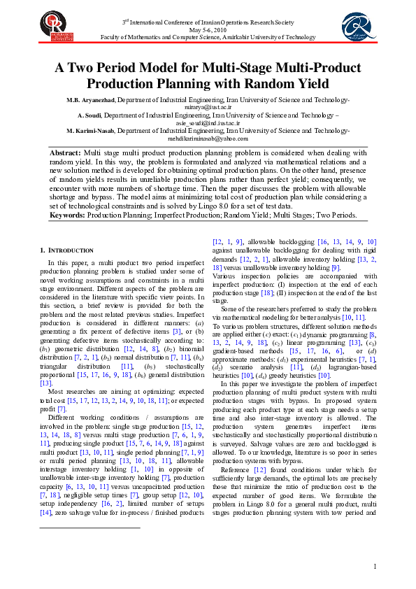 (PDF) A Two Period Model for Multi-Stage Multi-Product Production Planning with Random Yield