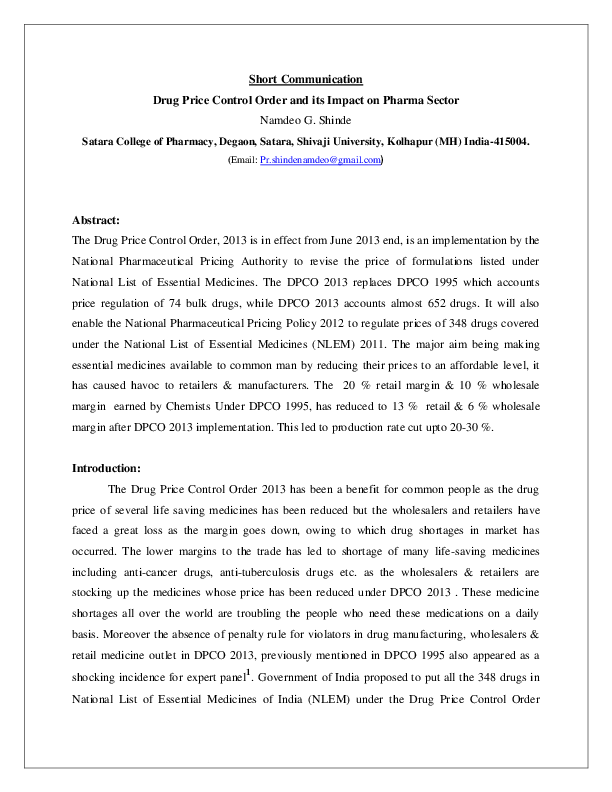 (PDF) Drug Price Control Order and its Impact on Pharma Sector