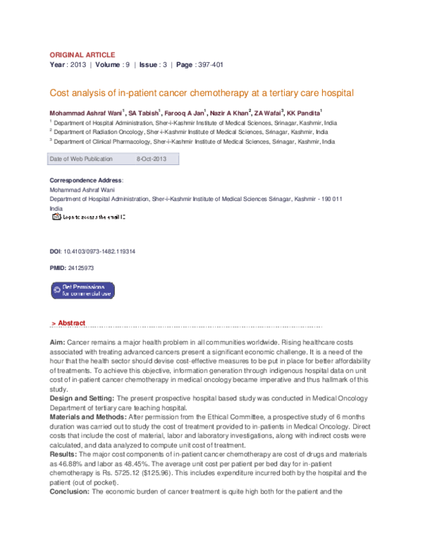 (PDF) Cost analysis of in-patient cancer chemotherapy at a tertiary ...