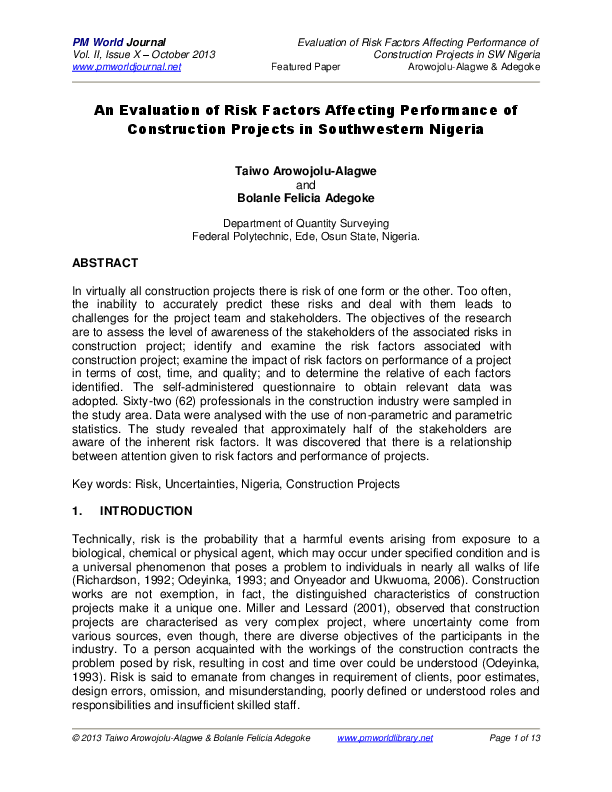 Pdf An Evaluation Of Risk Factors Affecting Performance Of Construction Projects In