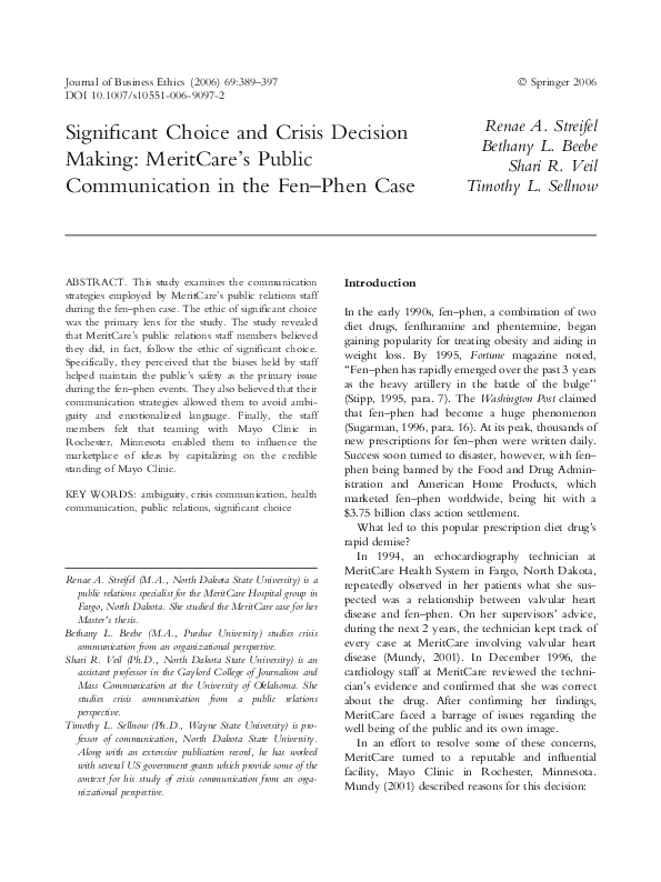 (PDF) Significant Choice and Crisis Decision Making: MeritCare's Public ...