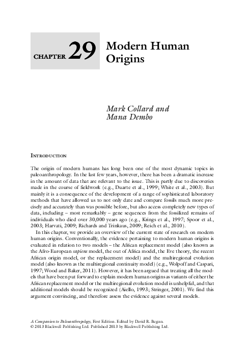 (PDF) "Modern human origins" by M. Collard and M. Dembo.