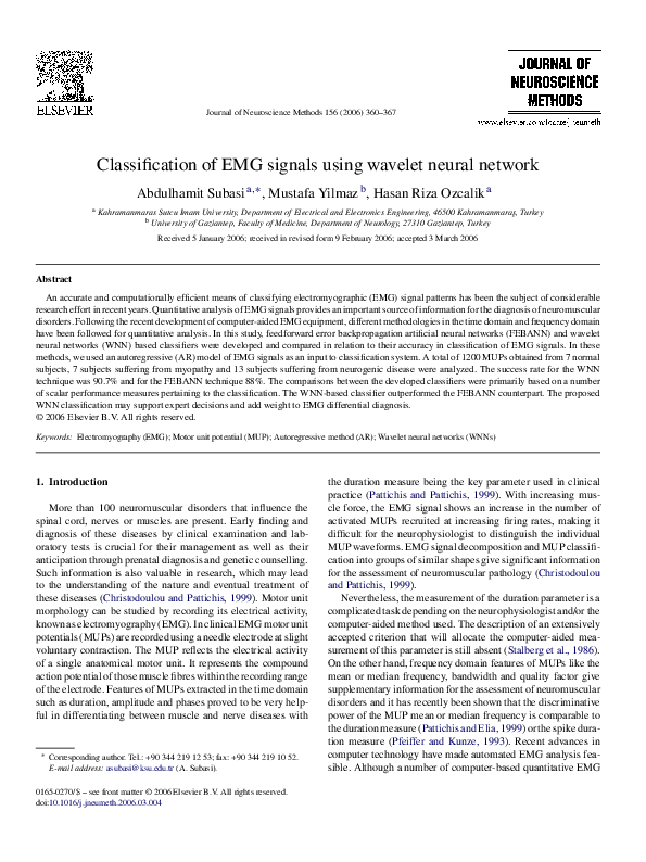 Pdf Classification Of Emg Signals Using Wavelet Neural Network