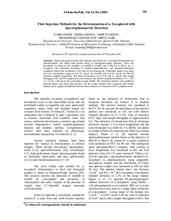 Pdf Flow Injection Methods For The Determination Of α Tocopherol With Spectrophotometric