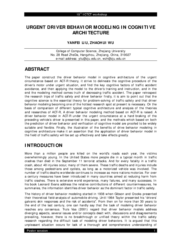 (PDF) URGENT DRIVER BEHAVIOR MODELING IN COGNITIVE ARCHITECTURE