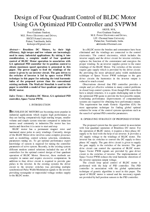 Doc Design Of Four Quadrant Control Of Bldc Motor Using Ga Optimized