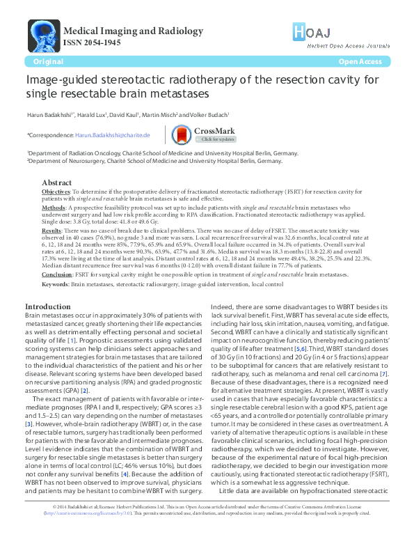 (PDF) Image-guided stereotactic radiotherapy of the resection cavity for single resectable brain ...
