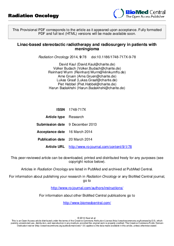 (PDF) Linac-based stereotactic radiotherapy and radiosurgery in patients with meningioma