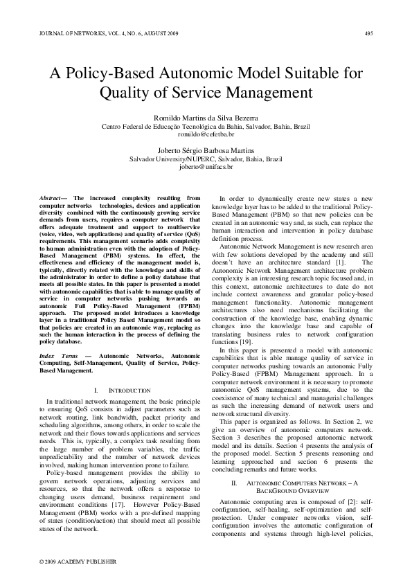 (PDF) A Policy-Based Autonomic Model Suitable for Quality of Service Management