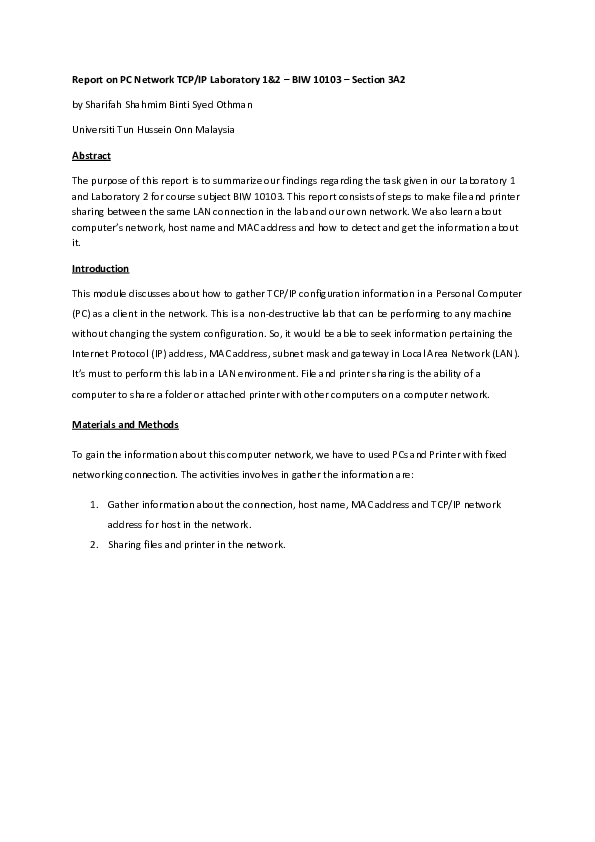 (DOC) Report on PC Network TCP/IP Laboratory 1&2 – BIW 10103 – Section 3A2