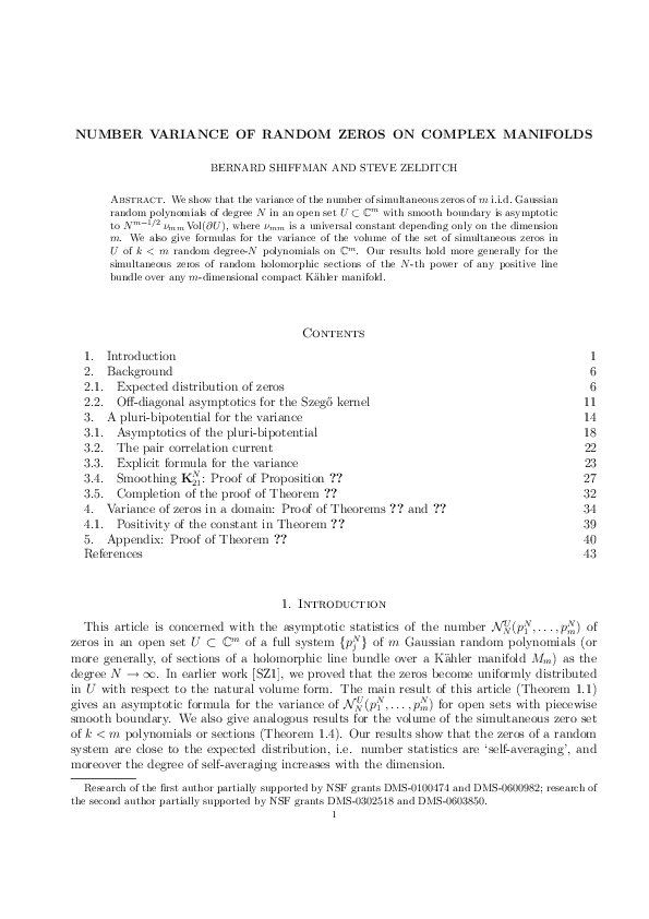 (PDF) Number Variance of Random Zeros on Complex Manifolds | Steve Zelditch - Academia.edu