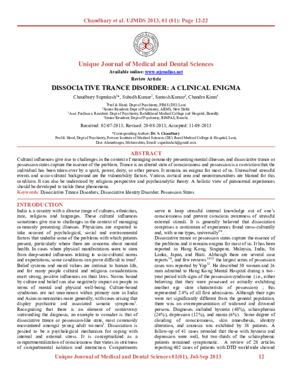 Dissociative trance disorder- A clinical enigma