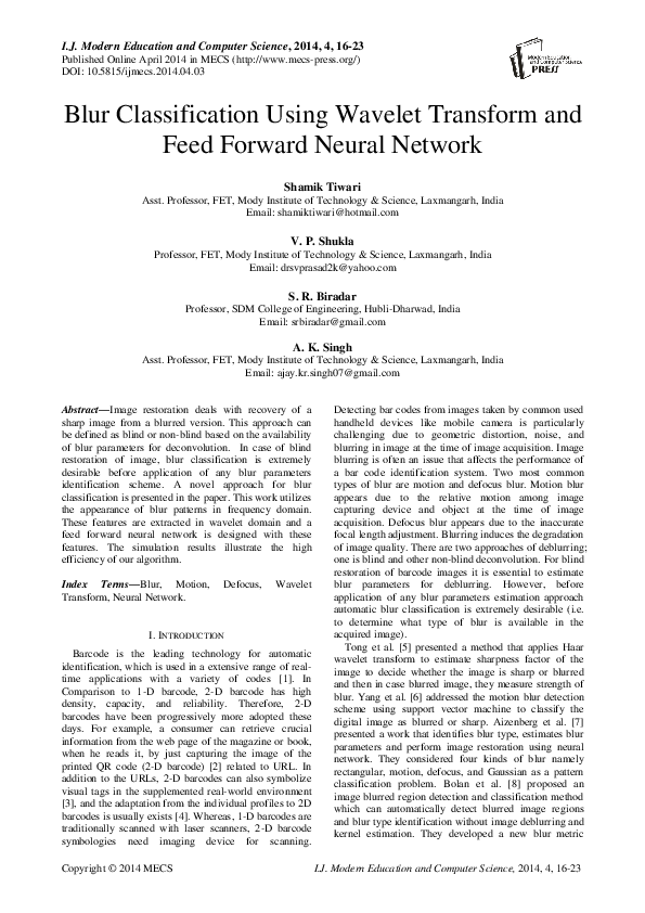 Pdf Blur Classification Using Wavelet Transform And Feed Forward Neural Network